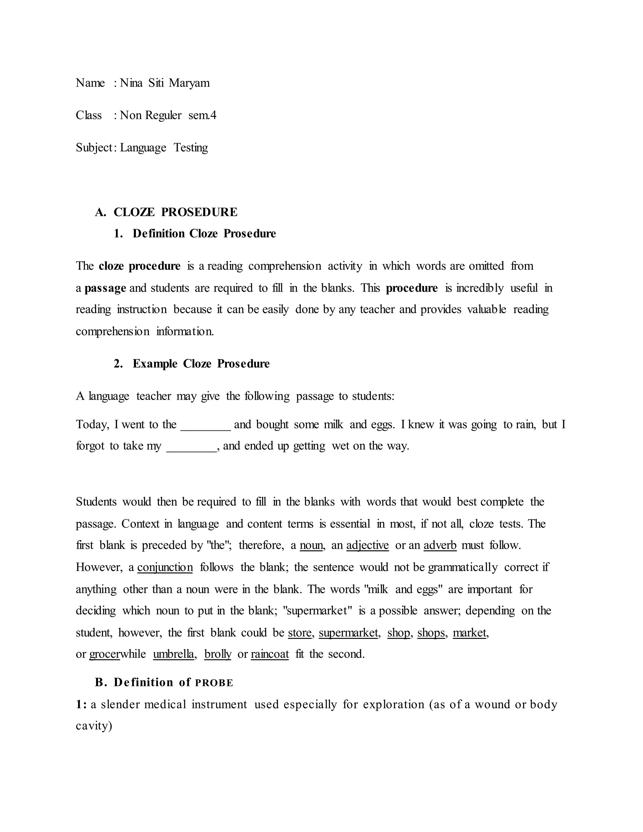 Language Testing : cloze prosedure, Probes and Modality Test | DOCX