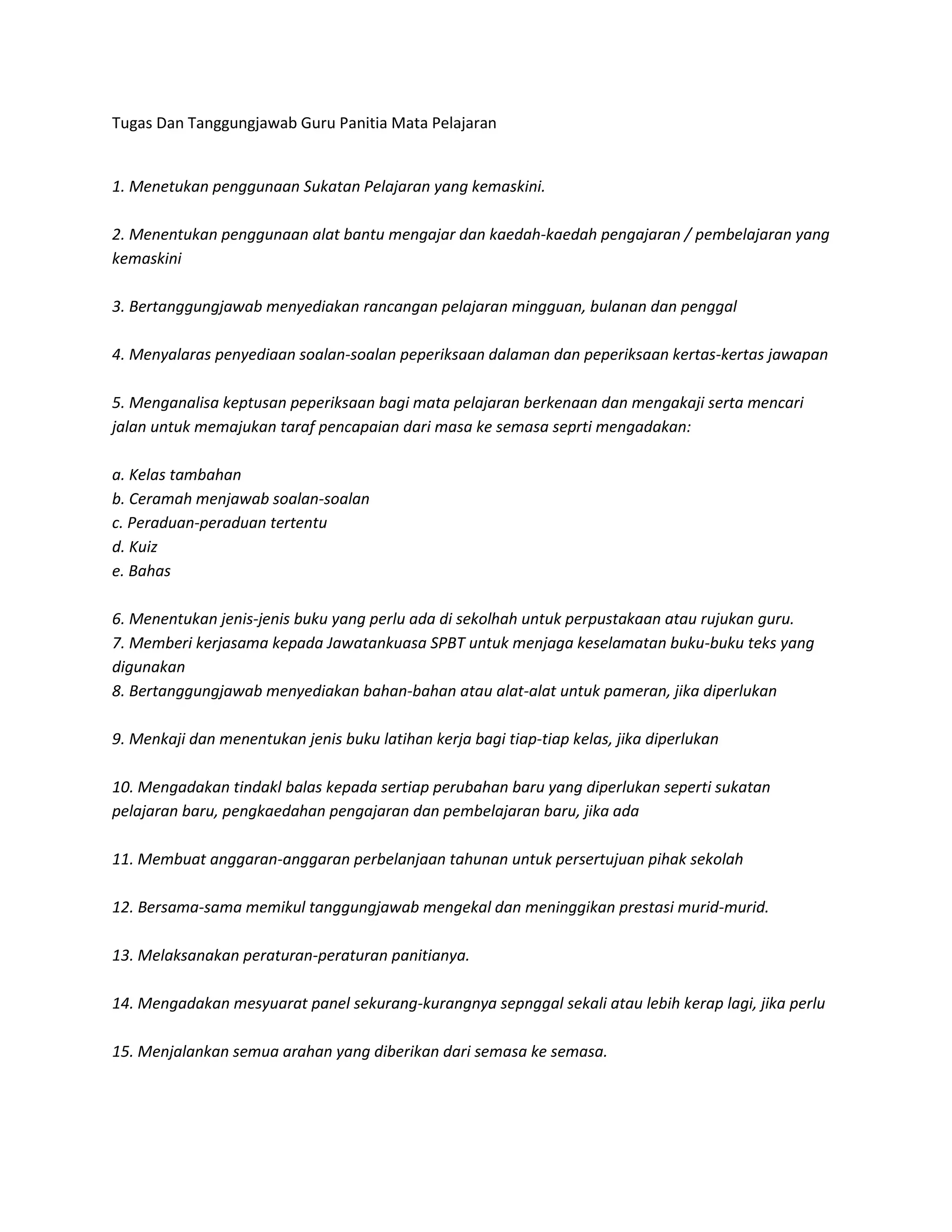 Tugas dan tanggungjawab guru panitia mata pelajaran | DOCX
