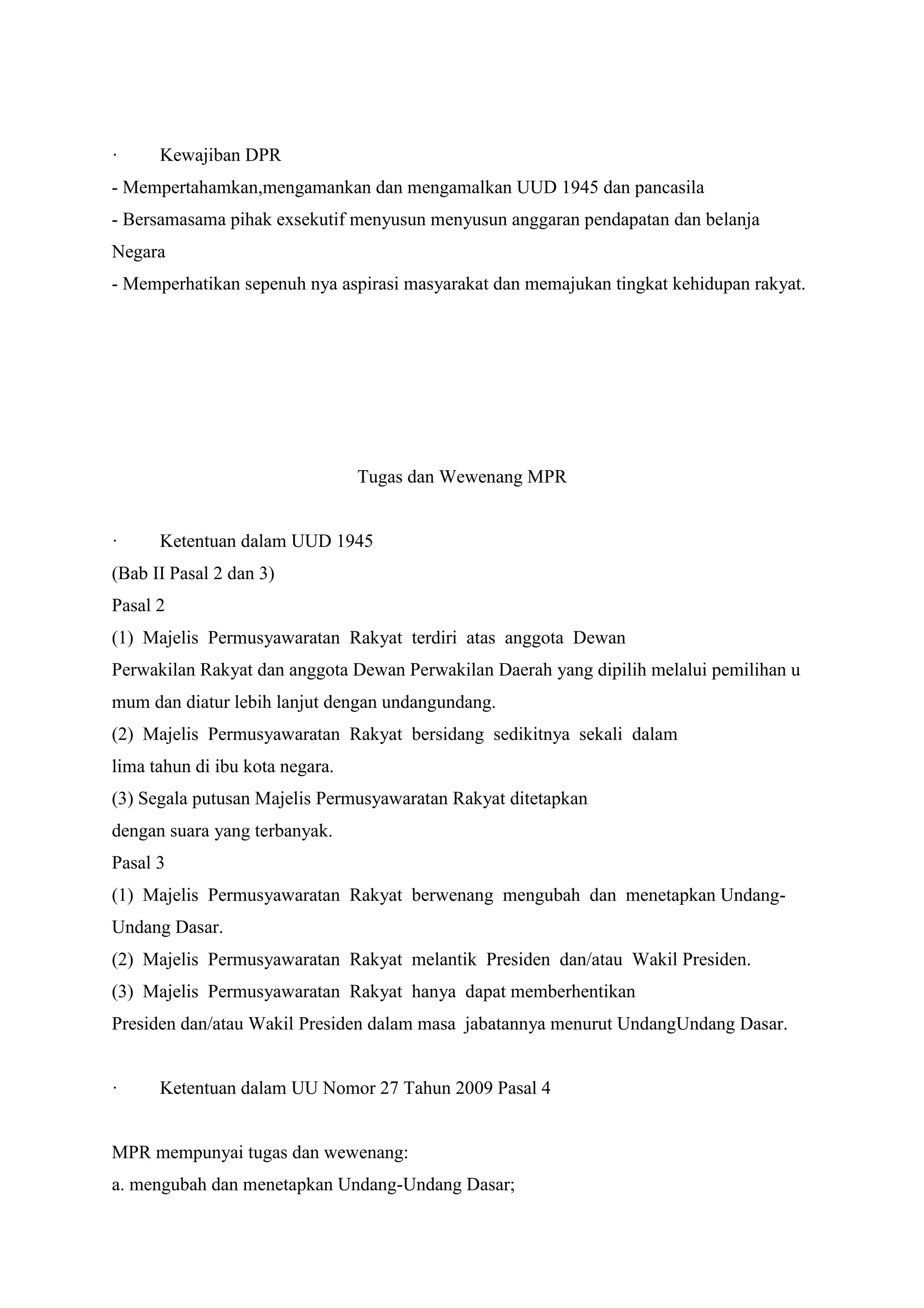 Tugas dan wewenang dpr , mpr , ma , mk , ky , dpd dan presiden | DOCX