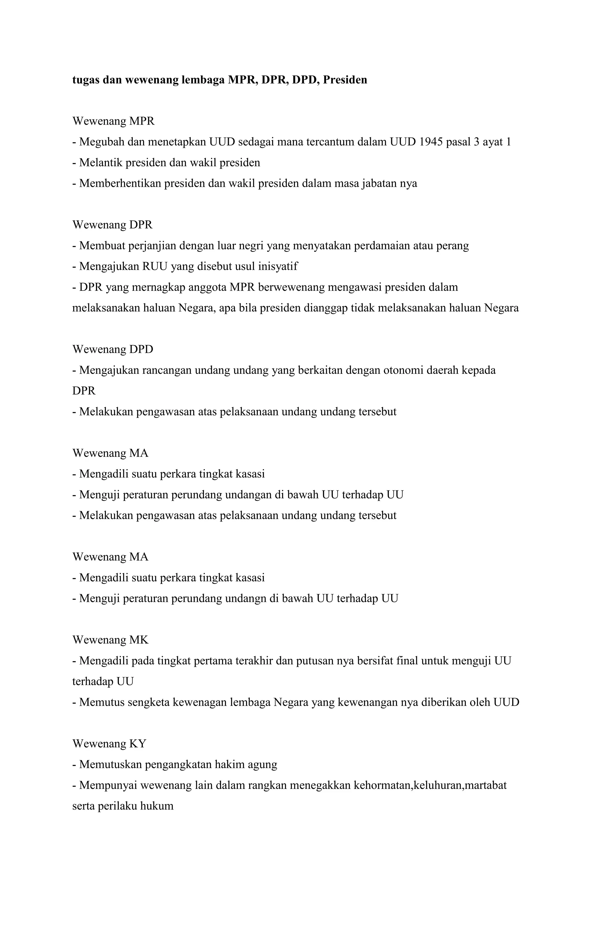 Tugas dan wewenang lembaga mpr, dpr, dpd, presiden | PDF