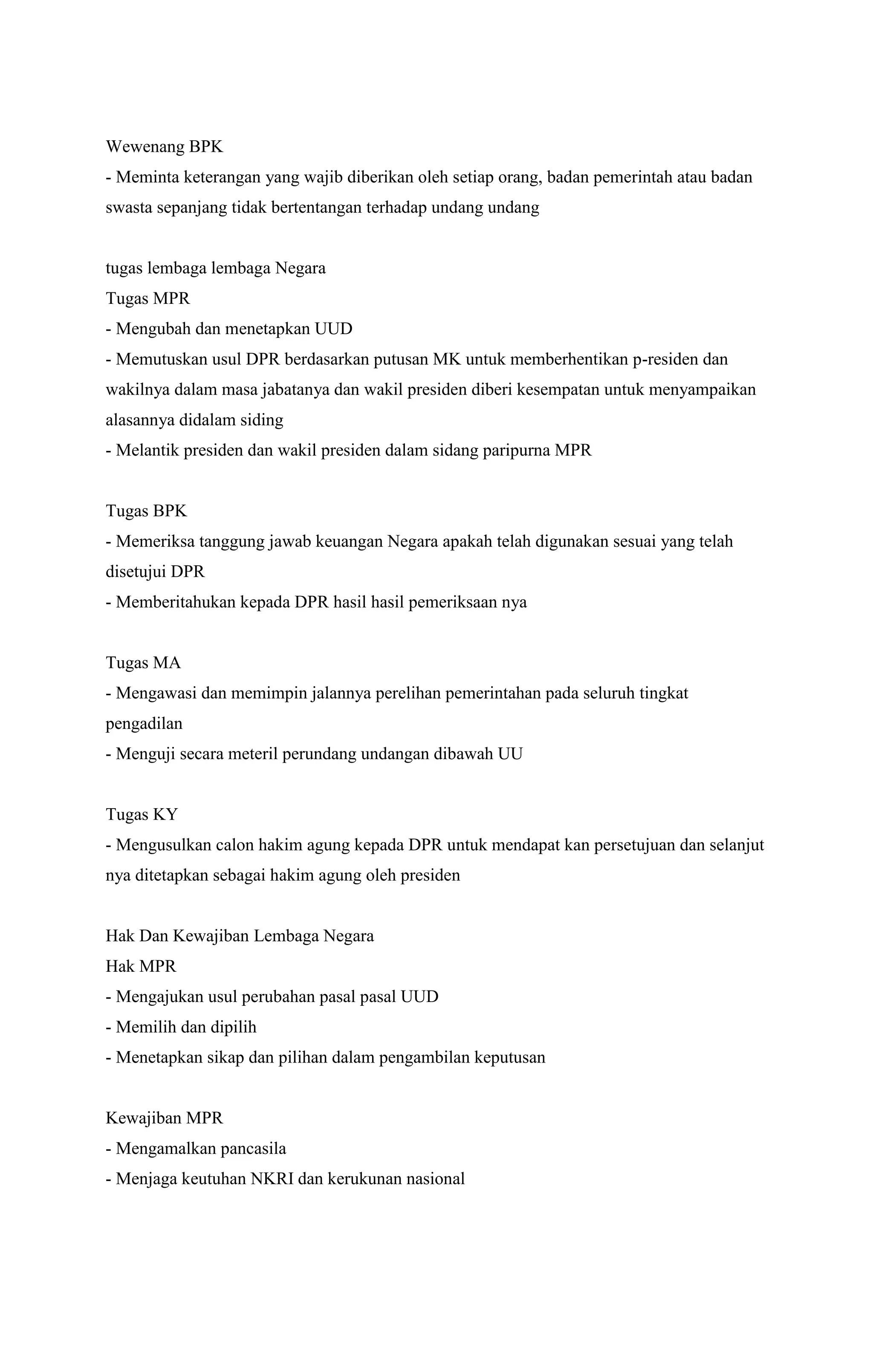 Tugas dan wewenang lembaga mpr, dpr, dpd, presiden | PDF