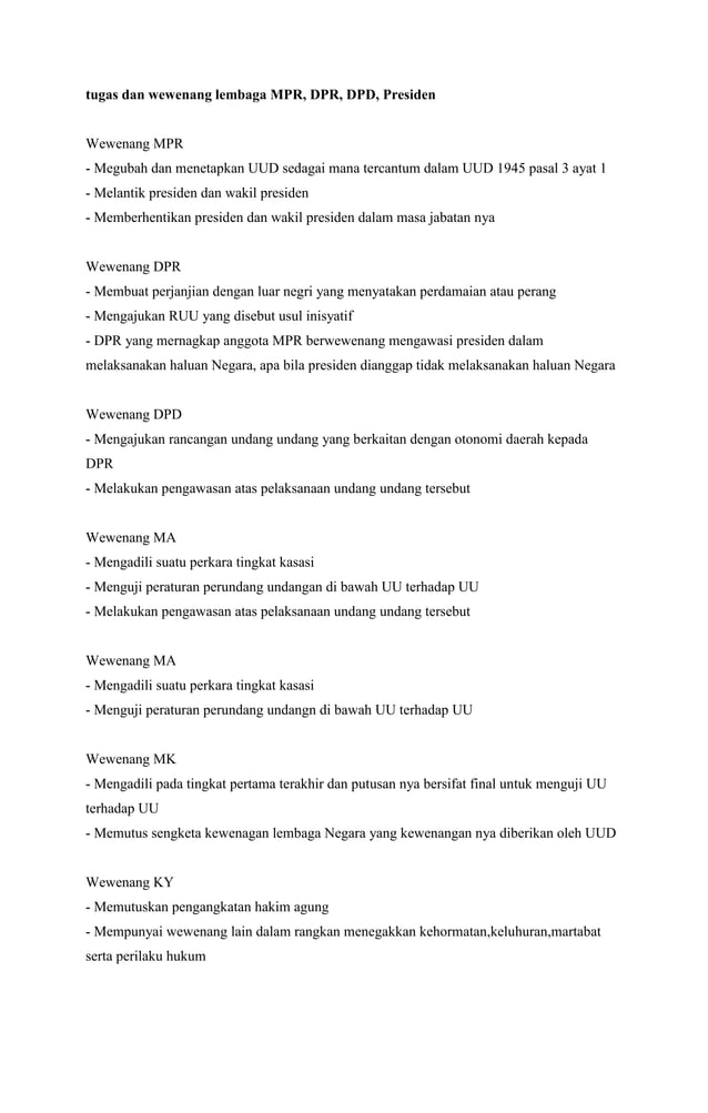 Tugas dan wewenang lembaga mpr, dpr, dpd, presiden | PDF