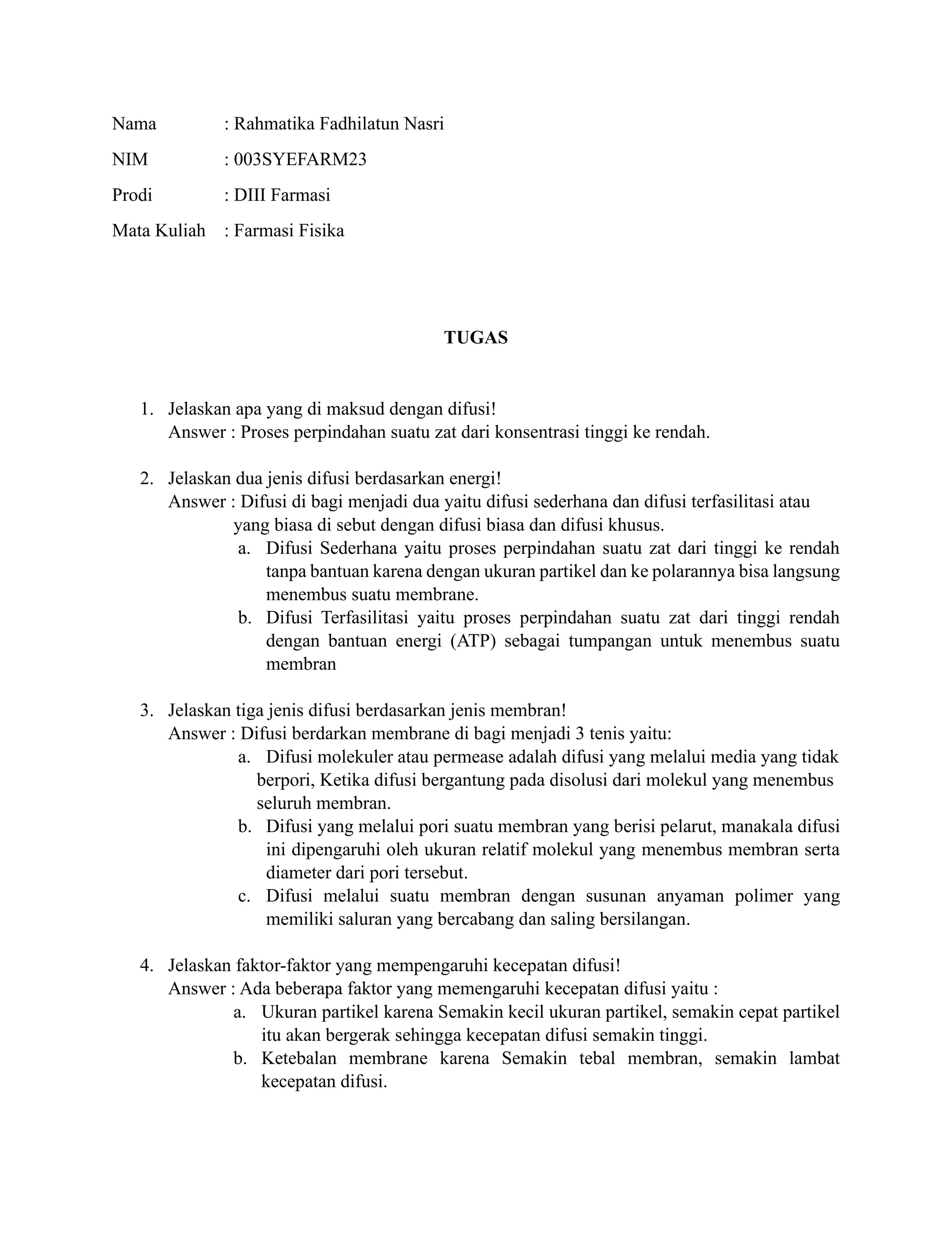 Tugas farmasi fisika difusi dan disolusi | PDF