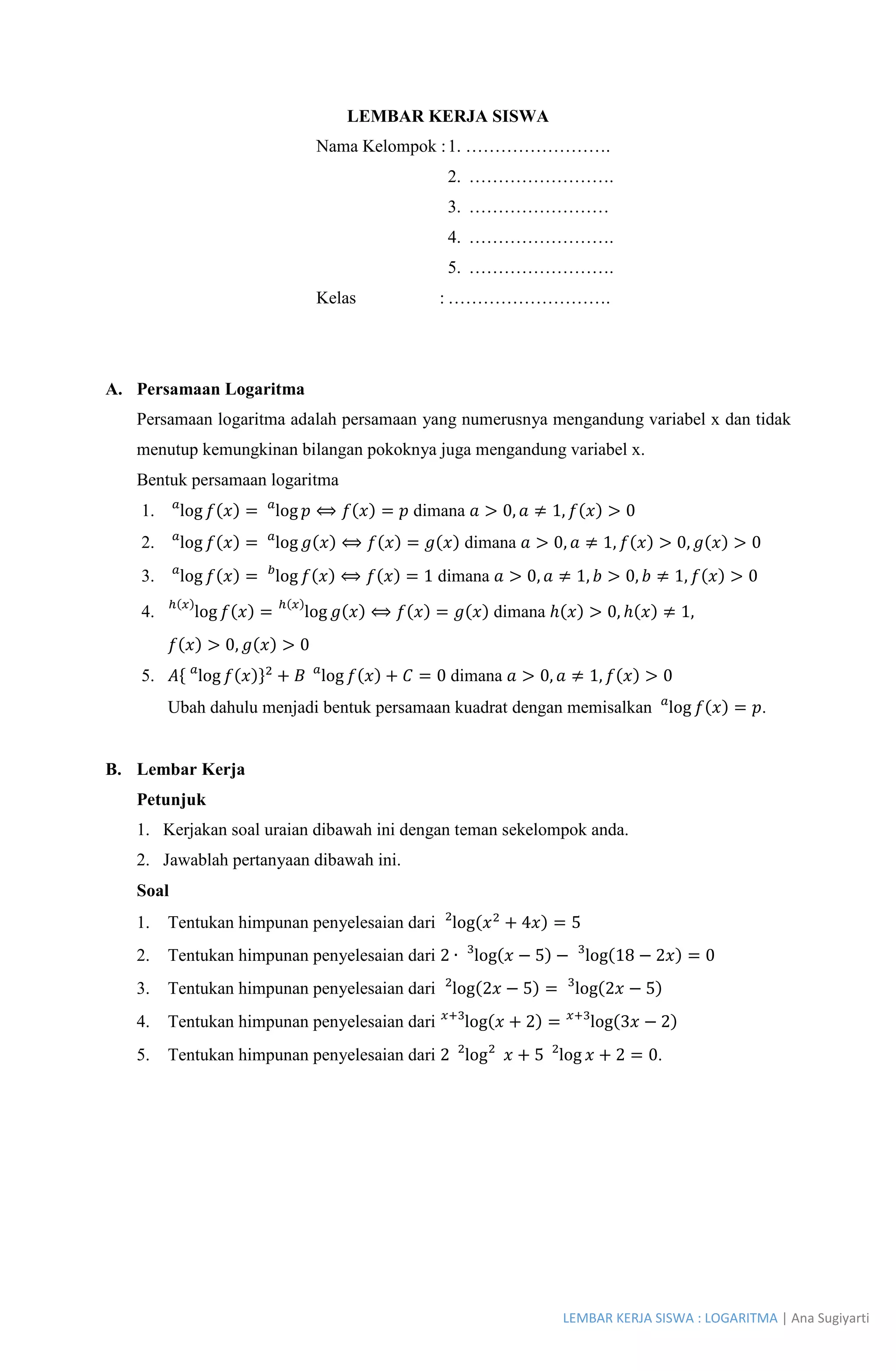 LEMBAR KERJA SISWA : PERSAMAAN LOGARITMA | PDF