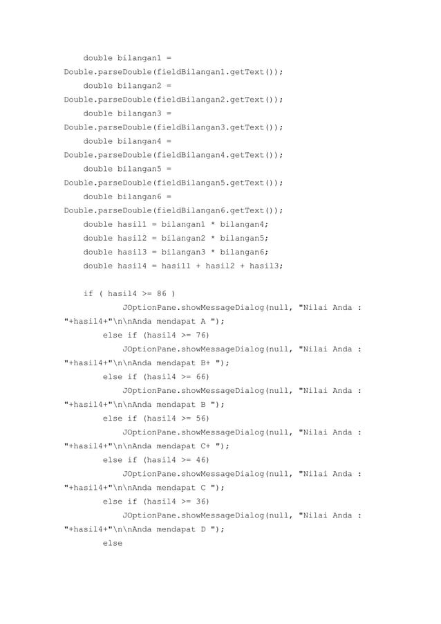 Membuat kalkulator penilaian Sederhana Java | PDF