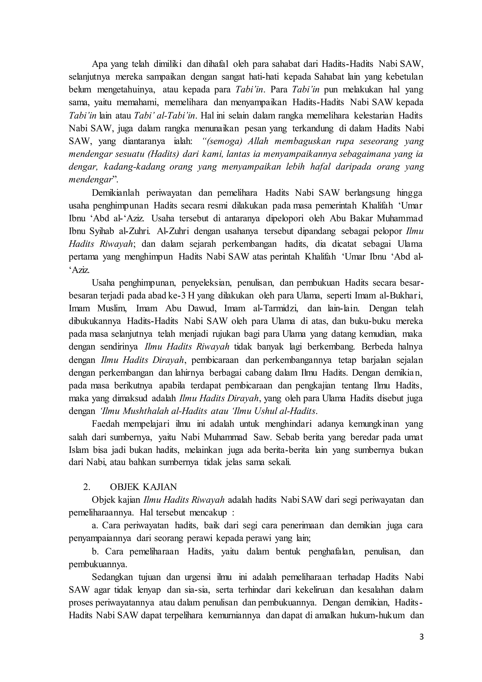 Hadist Riwayah dan Diroyah | DOCX