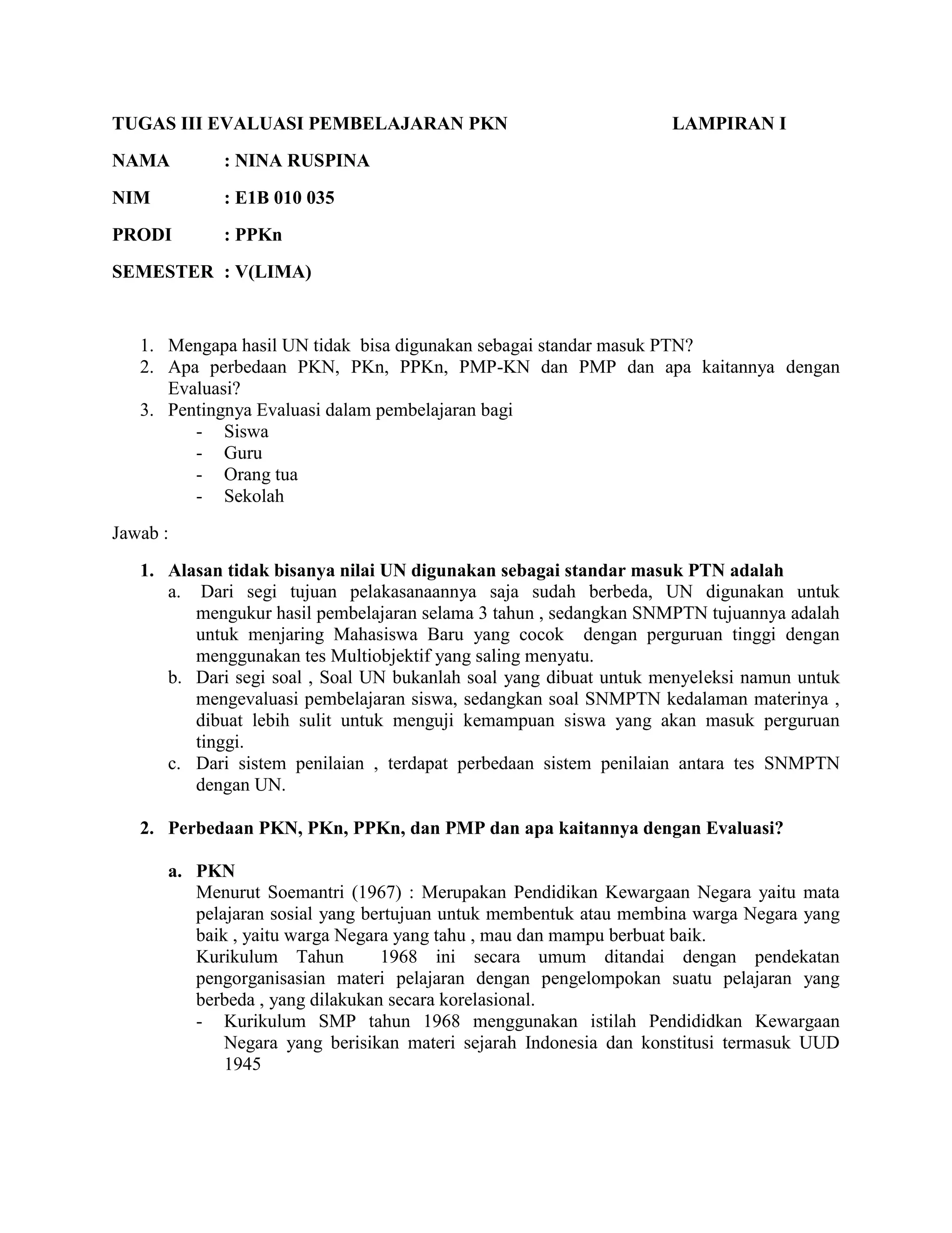 Tugas III evaluasi pembelajaran pkn lampiran i(nina) | PDF