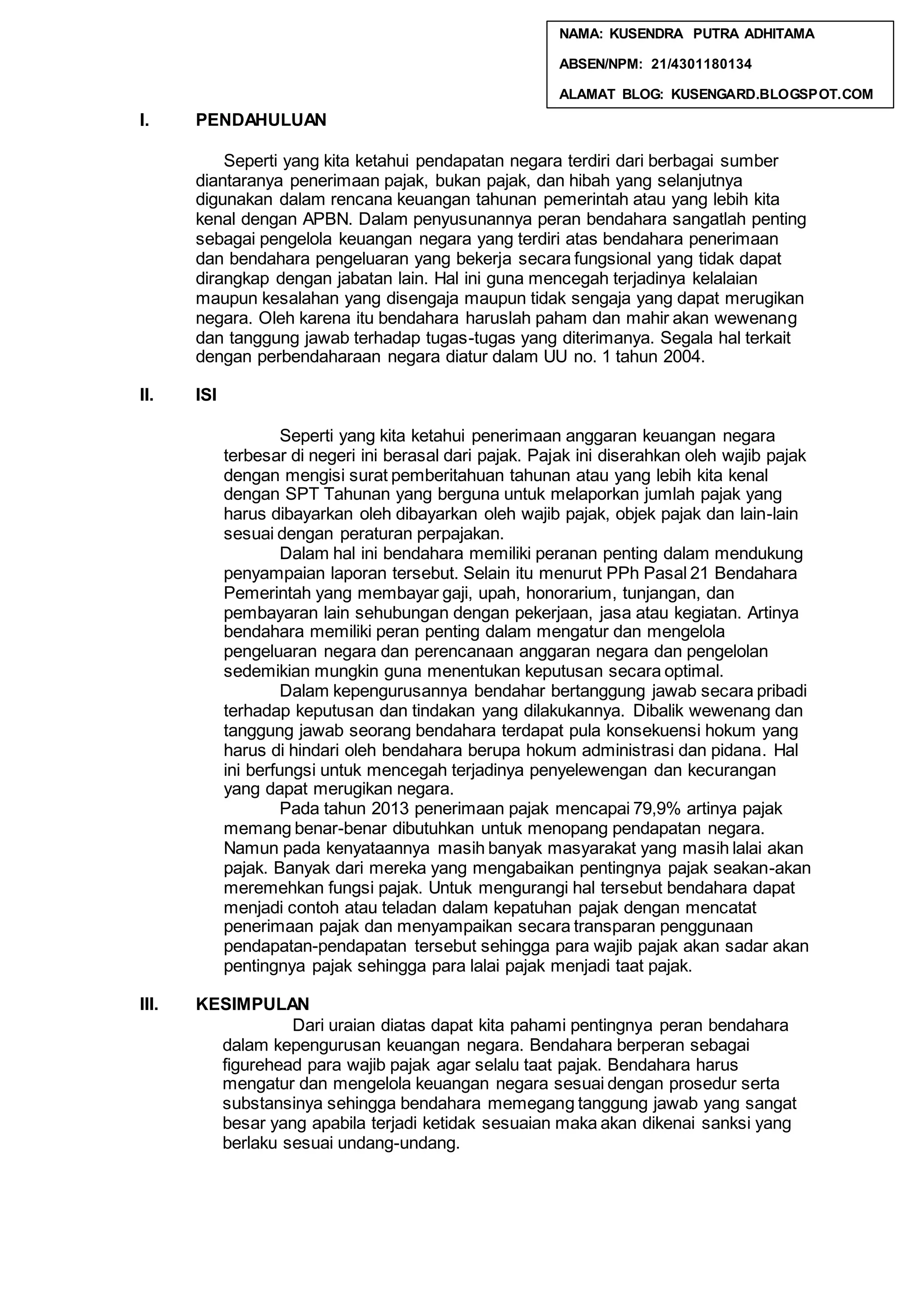 Peran Bendahara Dalam Penerimaan Pendapatan Negara - Essay Kusendra Putra Adhitama | PDF