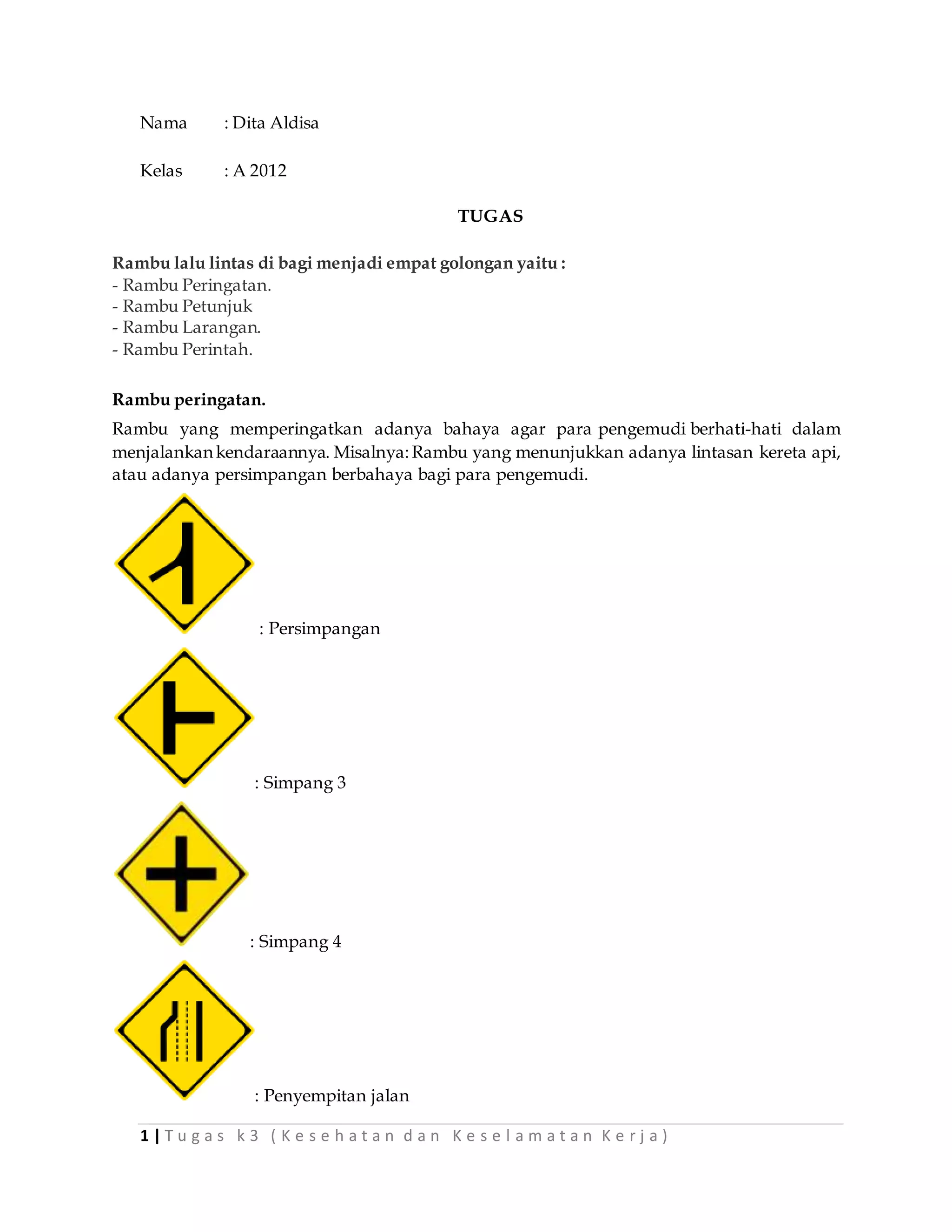 Tugas k3 Pengenalan Rambu lalulintas | DOCX