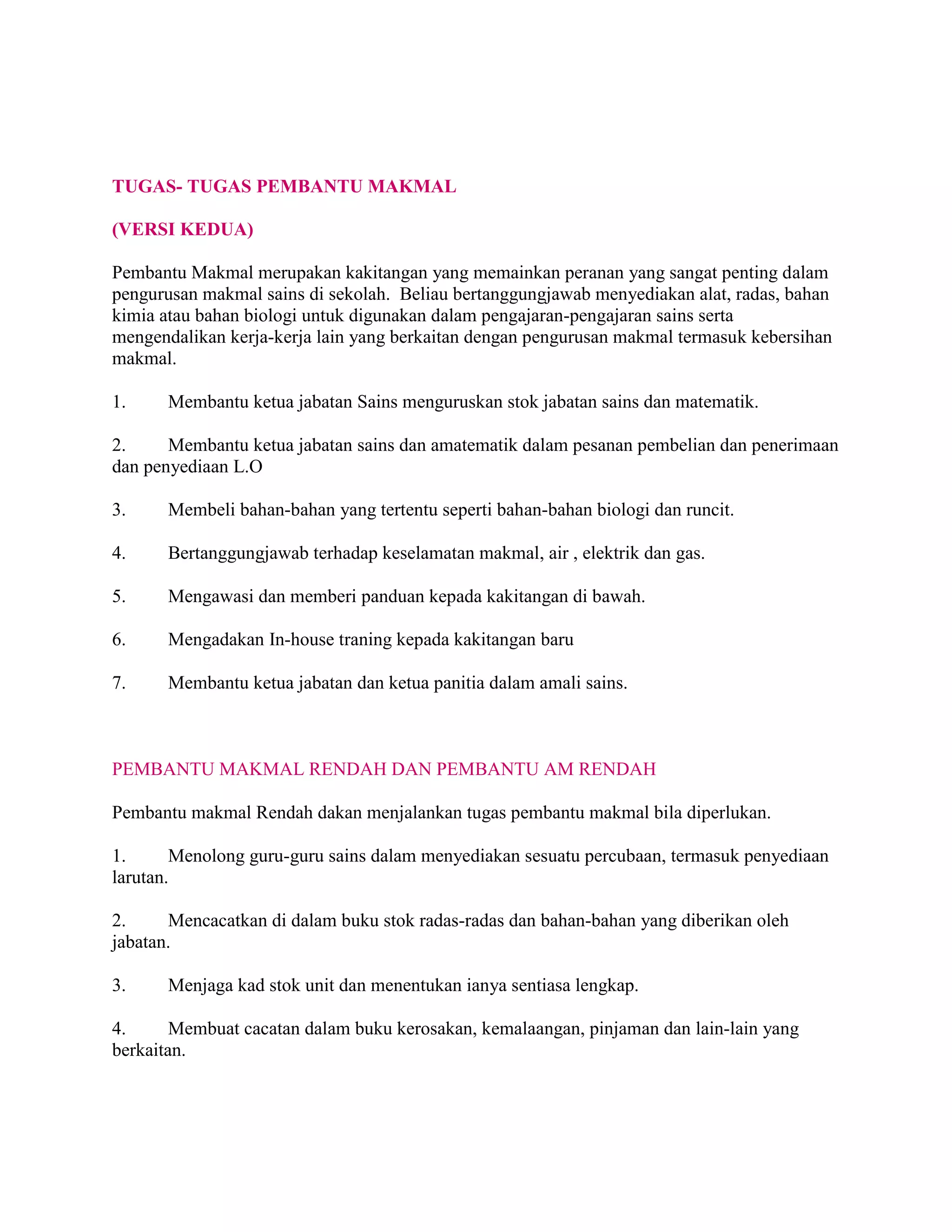 Tugas kakitangan makmal | DOCX