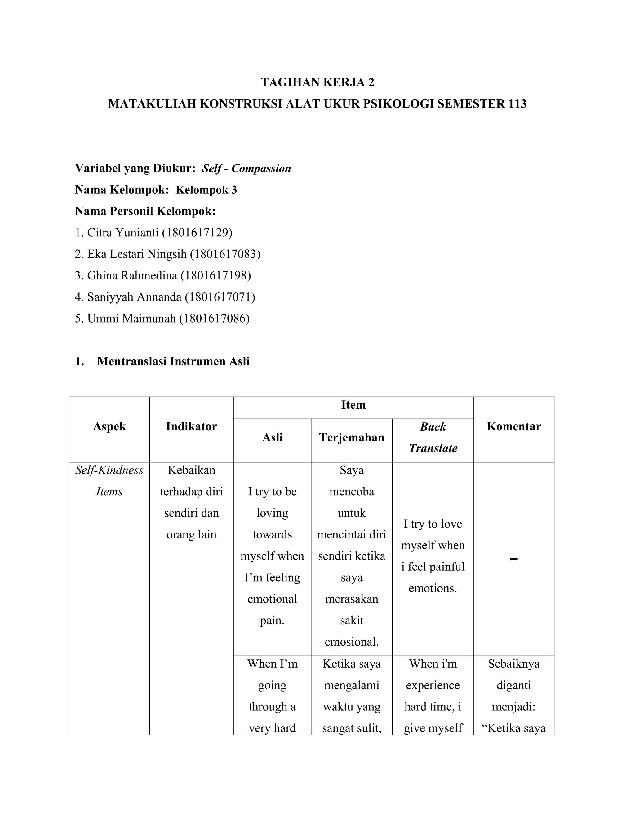 TUGAS KELOMPOK (2) Tabel Hasil Translasi dan Adaptasi Skala | PDF