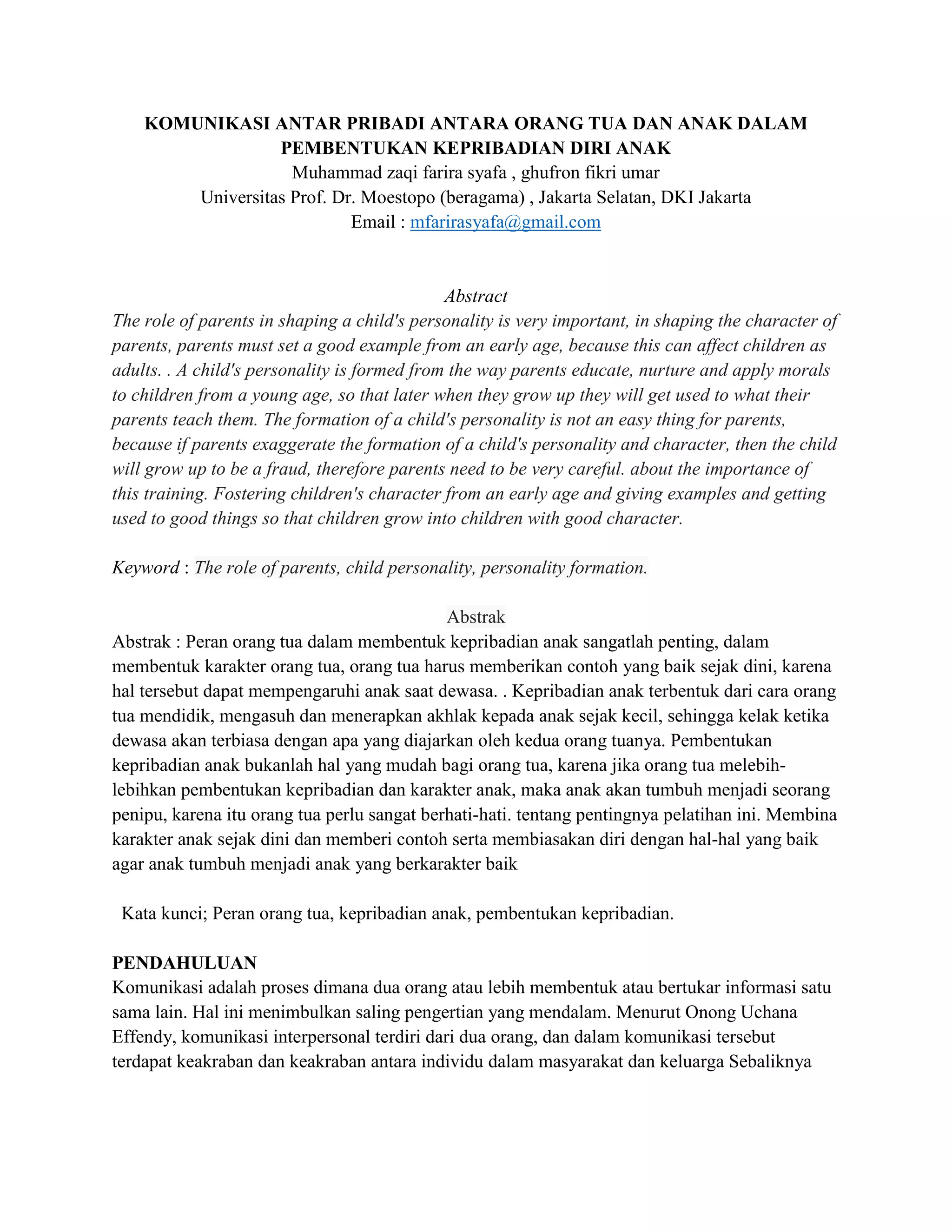 komunikasi antar pribadi antara orang tua dan anak dalam pembentukan kepribadian diri anak | DOCX