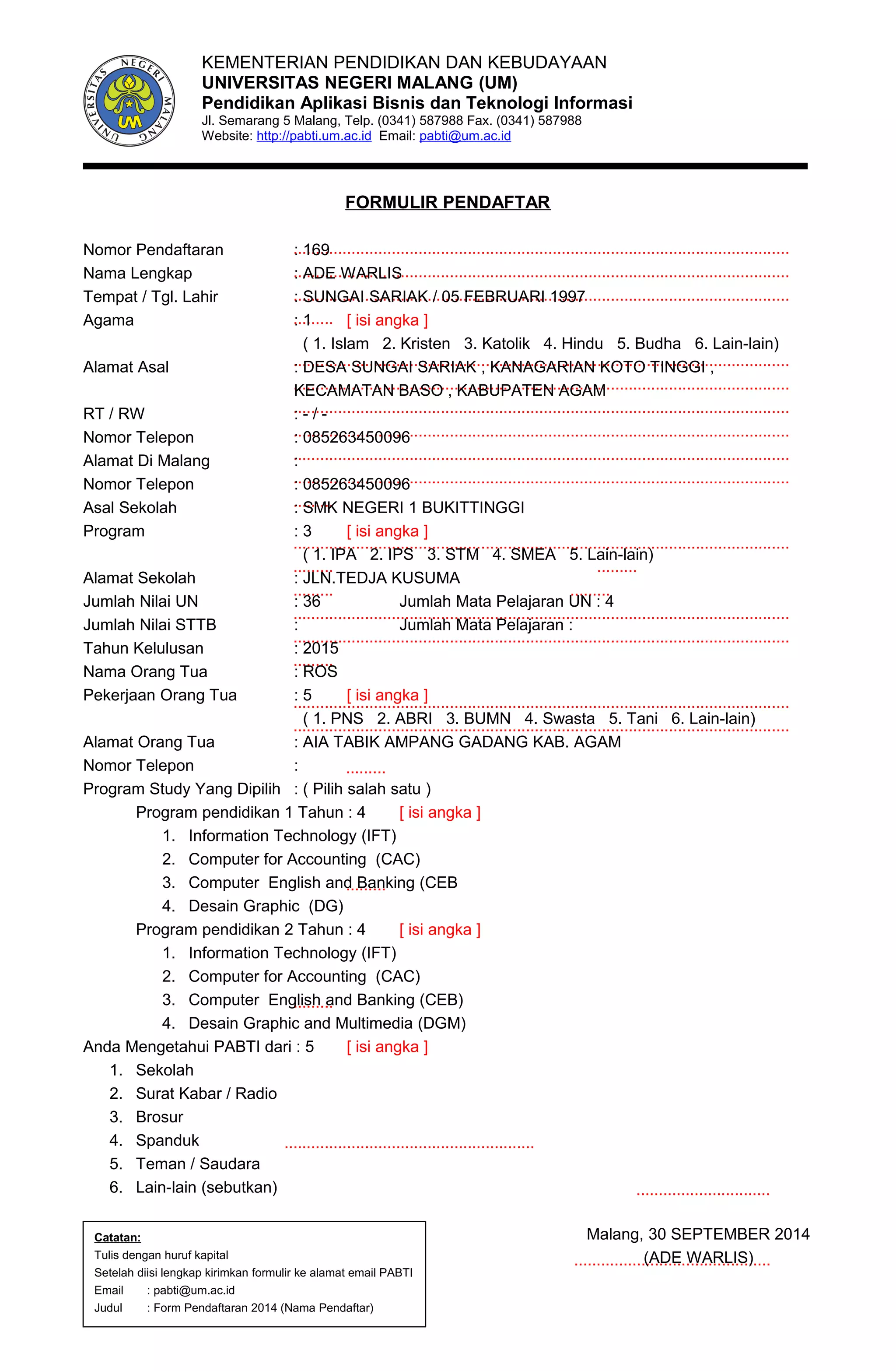 CONTOH FORMULIR PENDAFTARAN PERGURUAN TINGGI | DOC