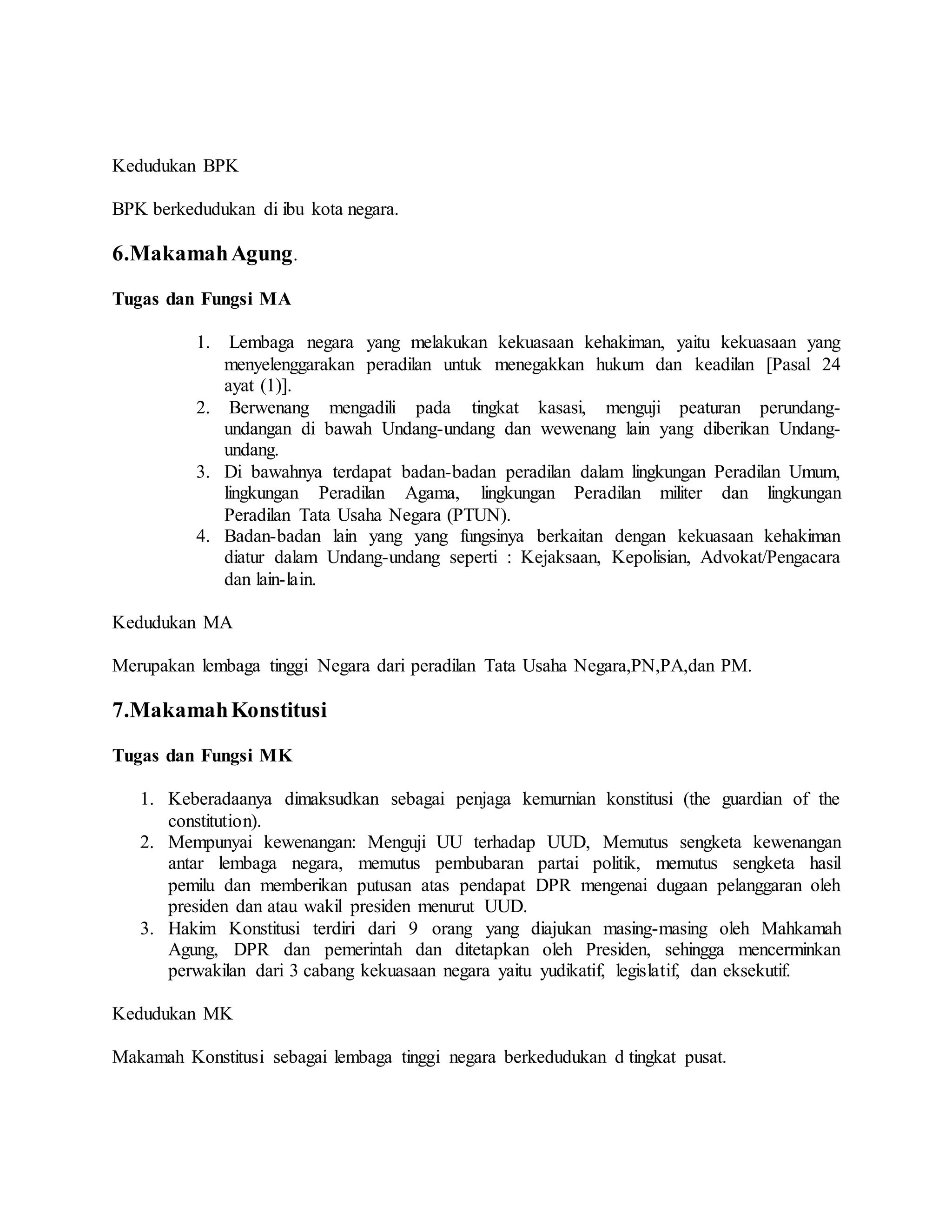 Fungsi dan Tugas Presiden, MPR, DPR, BPK, MA, MK, dkk | DOCX
