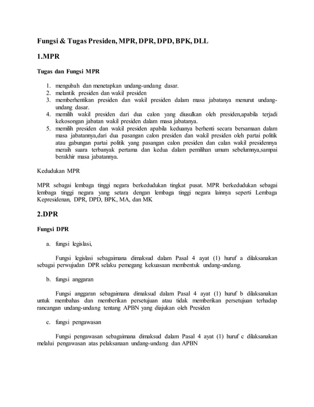 Fungsi dan Tugas Presiden, MPR, DPR, BPK, MA, MK, dkk | DOCX