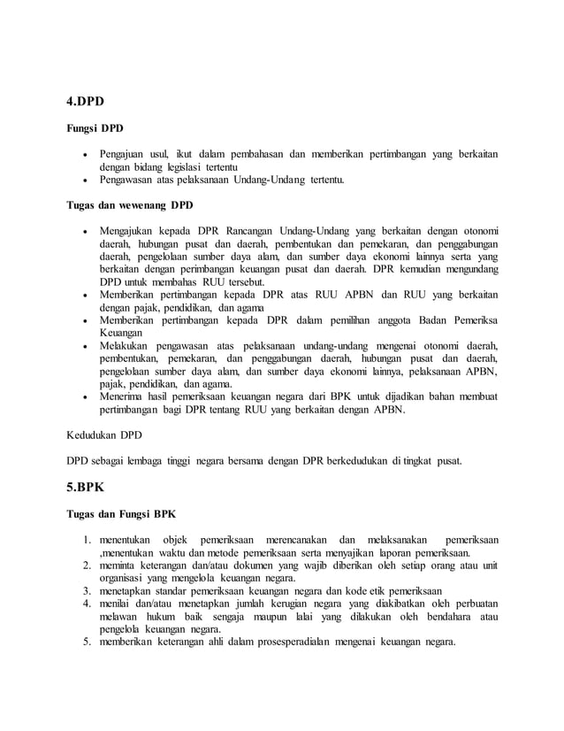 Fungsi dan Tugas Presiden, MPR, DPR, BPK, MA, MK, dkk | DOCX