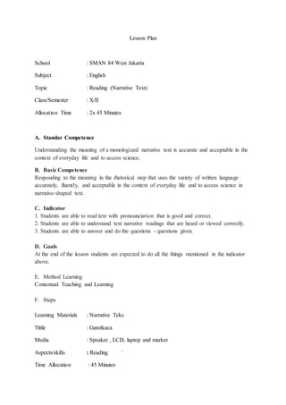 Tugas lesson plan reading narative teks | PDF