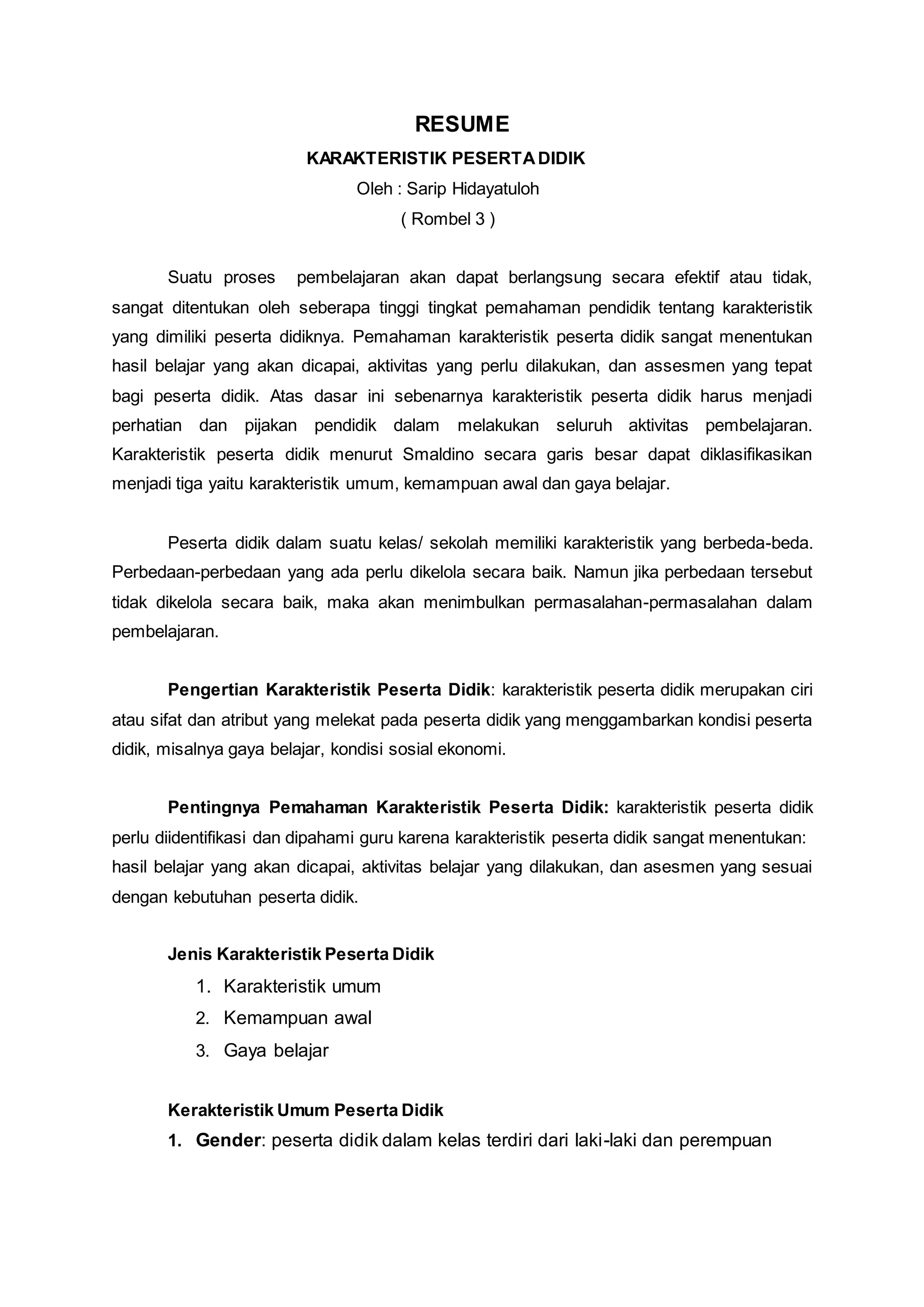 Tugas m4 kb1 resume tentang karakteristik umum peserta didik | PDF