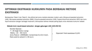 Optimasi hasil ekstraksi, pelarut dan hasil pelarut pada kurkumin | PPTX