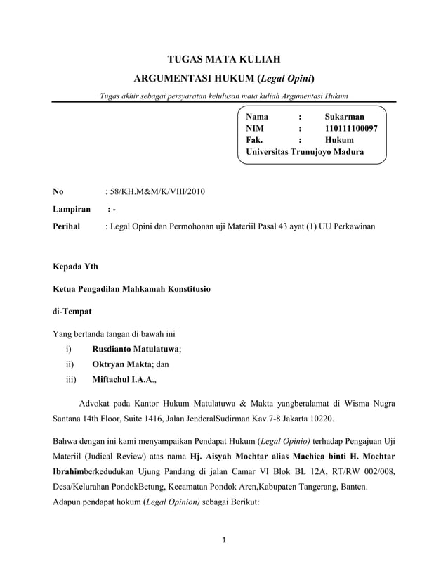 Contoh Legal Opinion (Pendapat Hukum) | DOCX