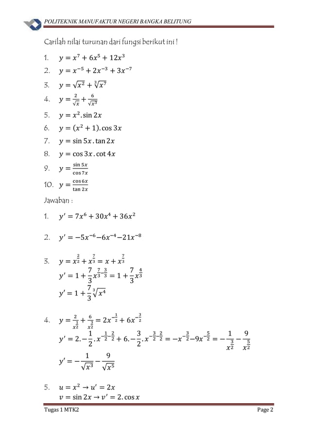 Tugas matematika 1 (semester 2) - Polman Babel | DOCX | Physics | Science