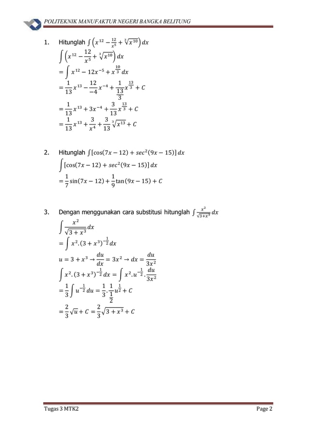 Tugas 3 (Matematika 2) : Integral | DOCX