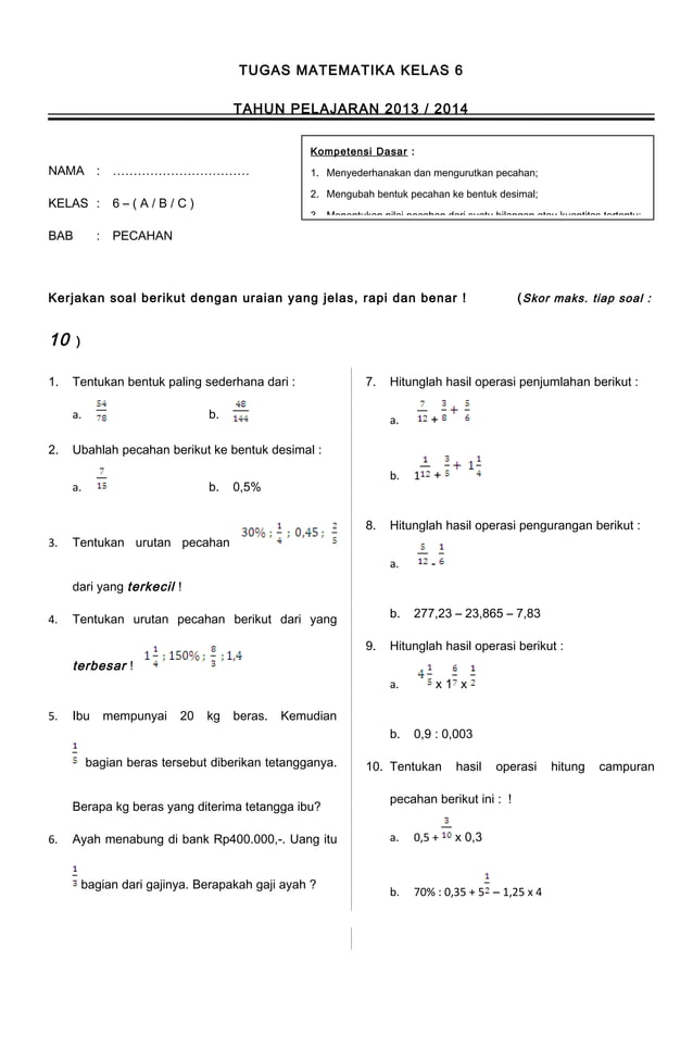 Tugas Matematika Kelas 6 - Perumperindo.co.id