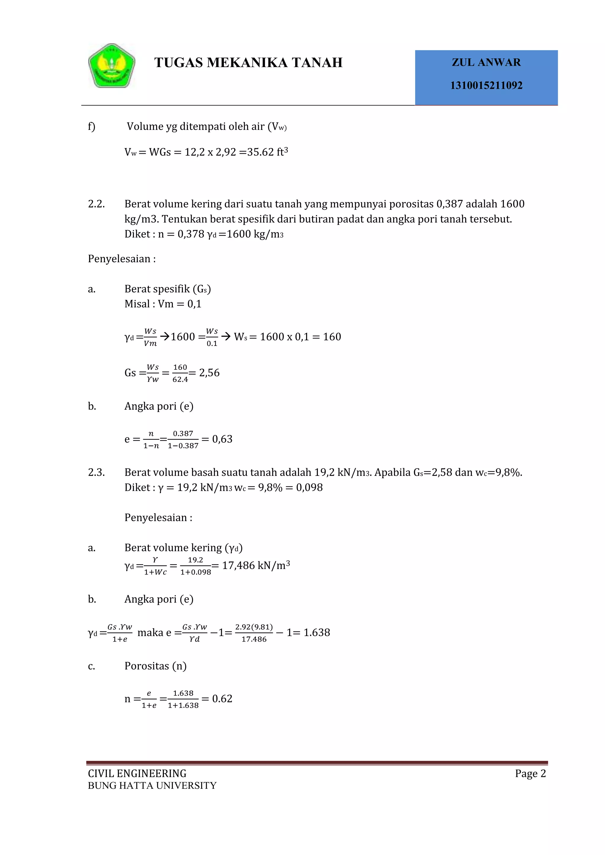 Tugas III Mekanika Tanah I | DOCX