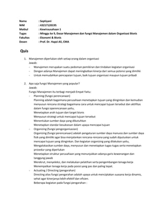 Tugas minggu ke 9 (dasar manajemen dan fungsi manajemen dalam organisasi bisnis) | PDF