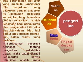 Validitas, Reliabilitas, Daya Beda, dan Tingkat Kesukaran | PPTX