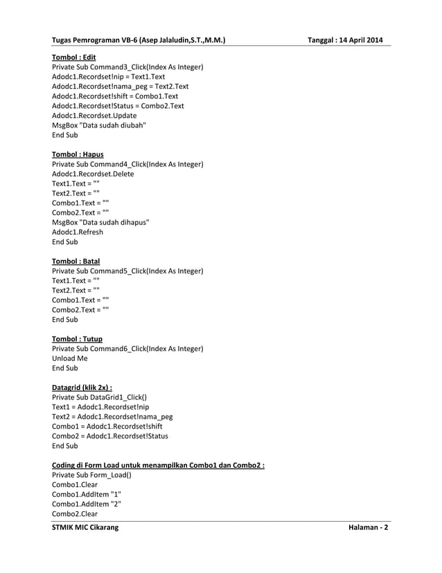 Tugas pemrograman vb6 pengetikan coding pada form front office | PDF ...