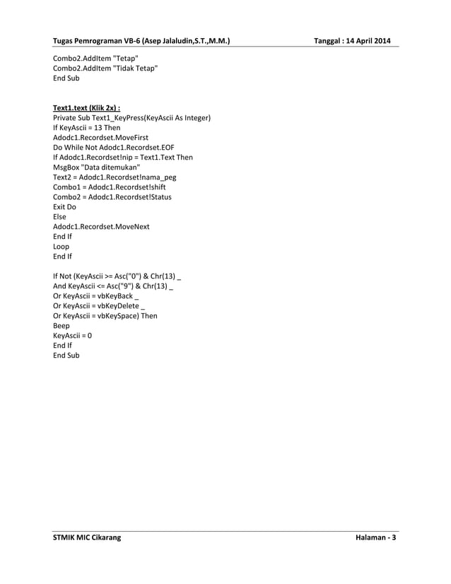 Tugas pemrograman vb6 pengetikan coding pada form front office | PDF | Computer Software and ...