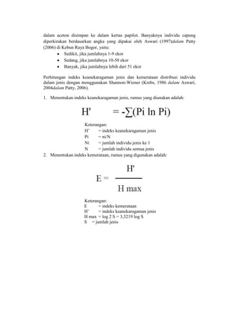 Menghitung Keanekaragan Hayati Menggunakan Rumus -H= jumlah dari (pi ...