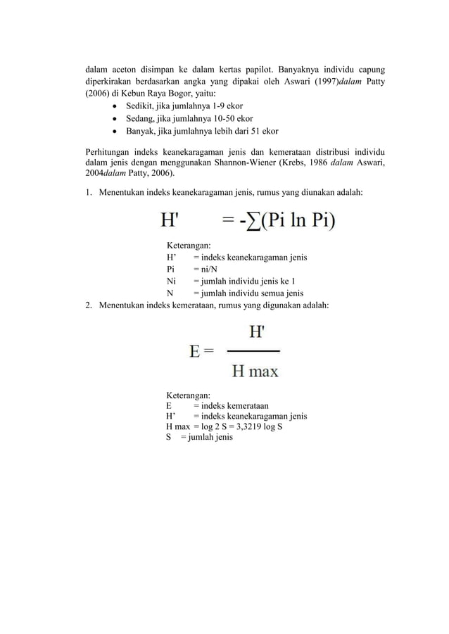 Menghitung Keanekaragan Hayati Menggunakan Rumus -H= jumlah dari (pi log pi) | DOCX