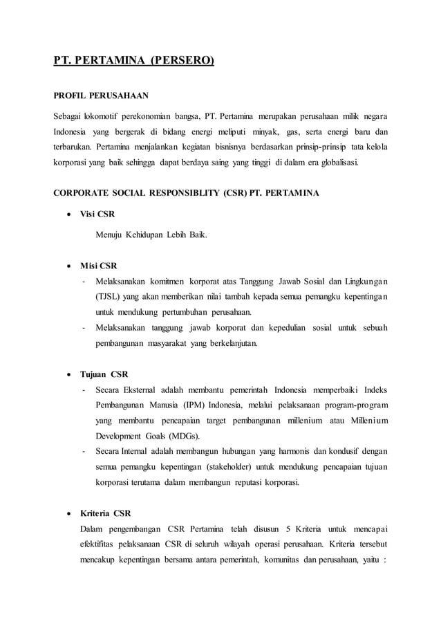 Makalah Corporate Social Responsibility (CSR) - PT. Pertamina | DOCX