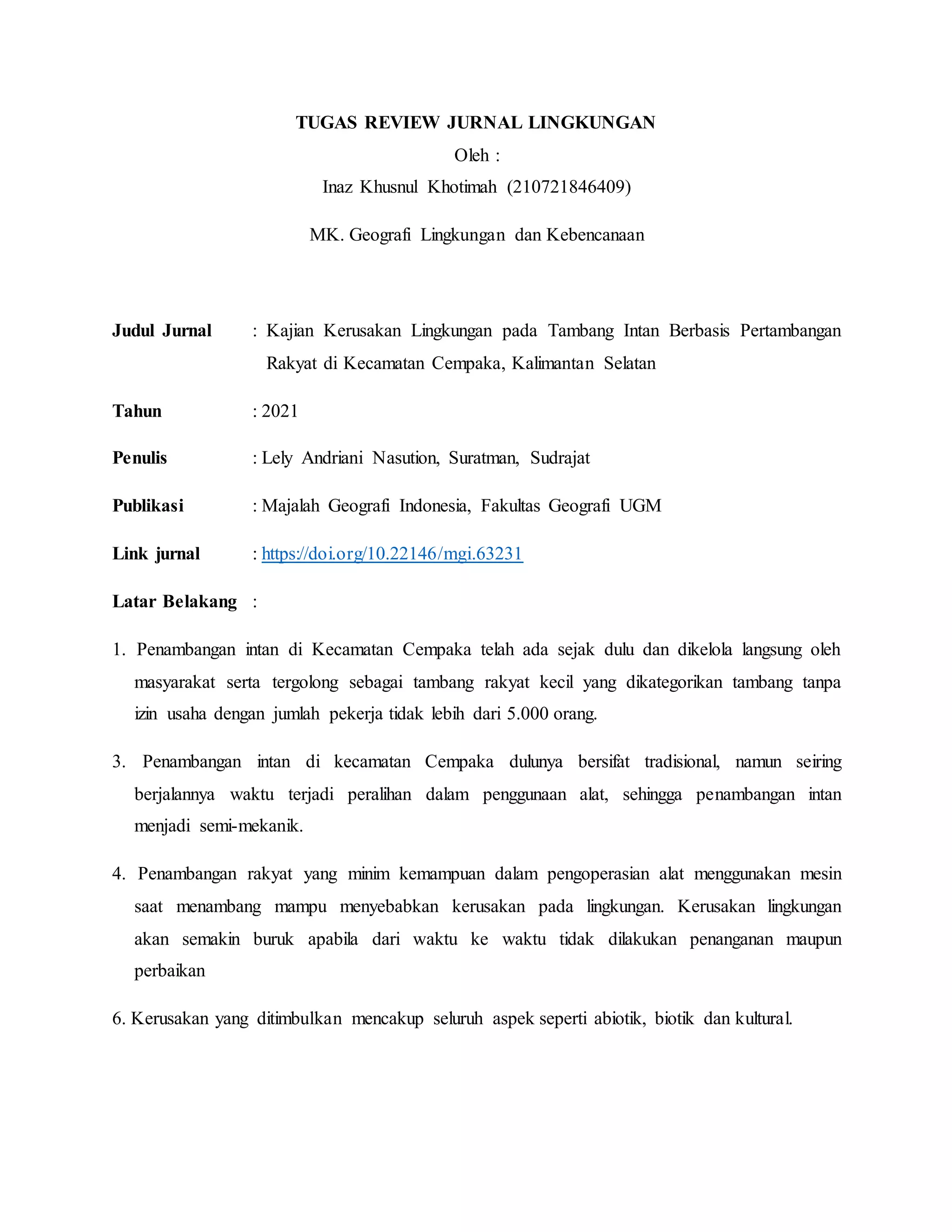 Kajian Kerusakan Lingkungan pada Tambang Intan Berbasis Pertambangan ...