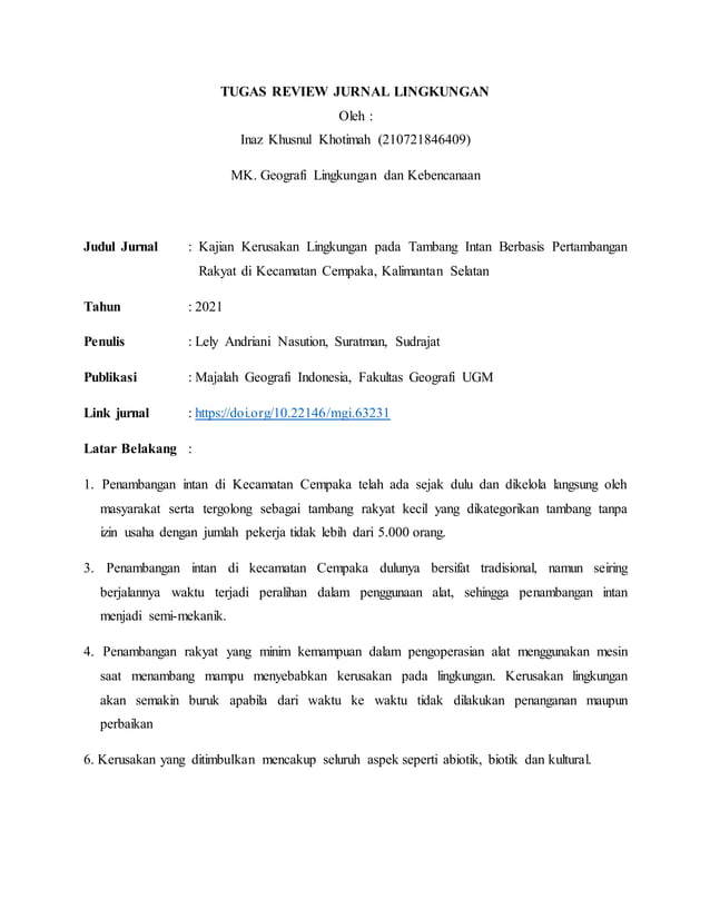 Kajian Kerusakan Lingkungan pada Tambang Intan Berbasis Pertambangan ...