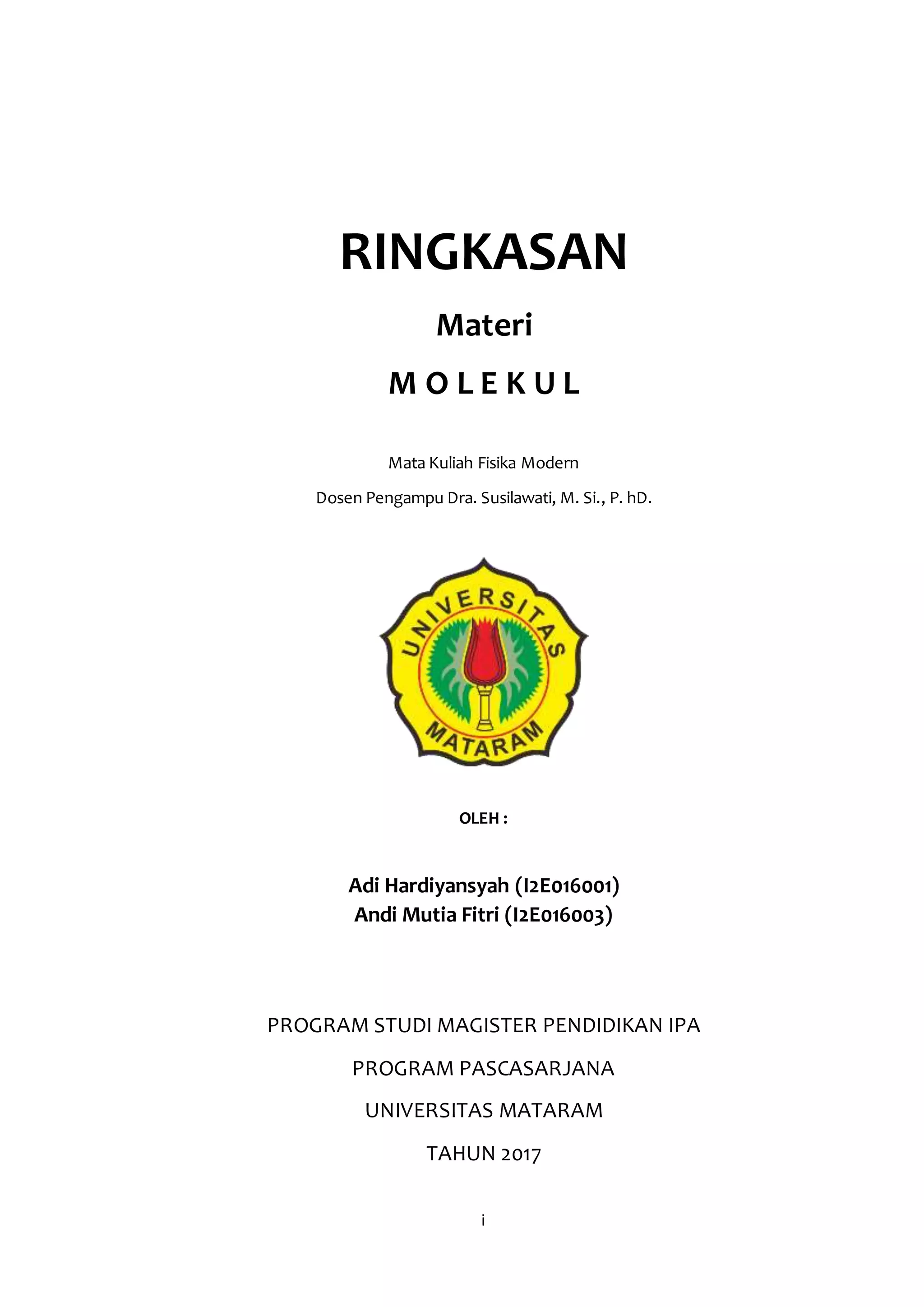 Tugas ringkasan materi bab 8 fisika modern tentang molekul (adi & andi ...