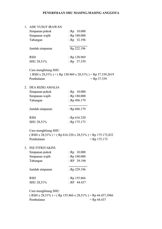PENERIMAAN SHU MASING - MASING ANGGOTA | PDF