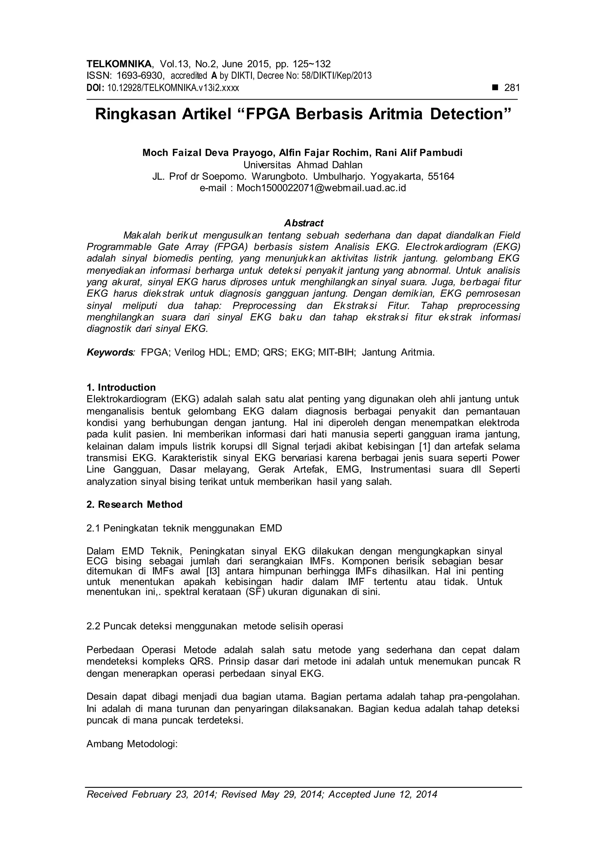 Resume FPGA Based Arrhythmia Detection | PDF Resume FPGA Based Arrhythmia Detection | PDF