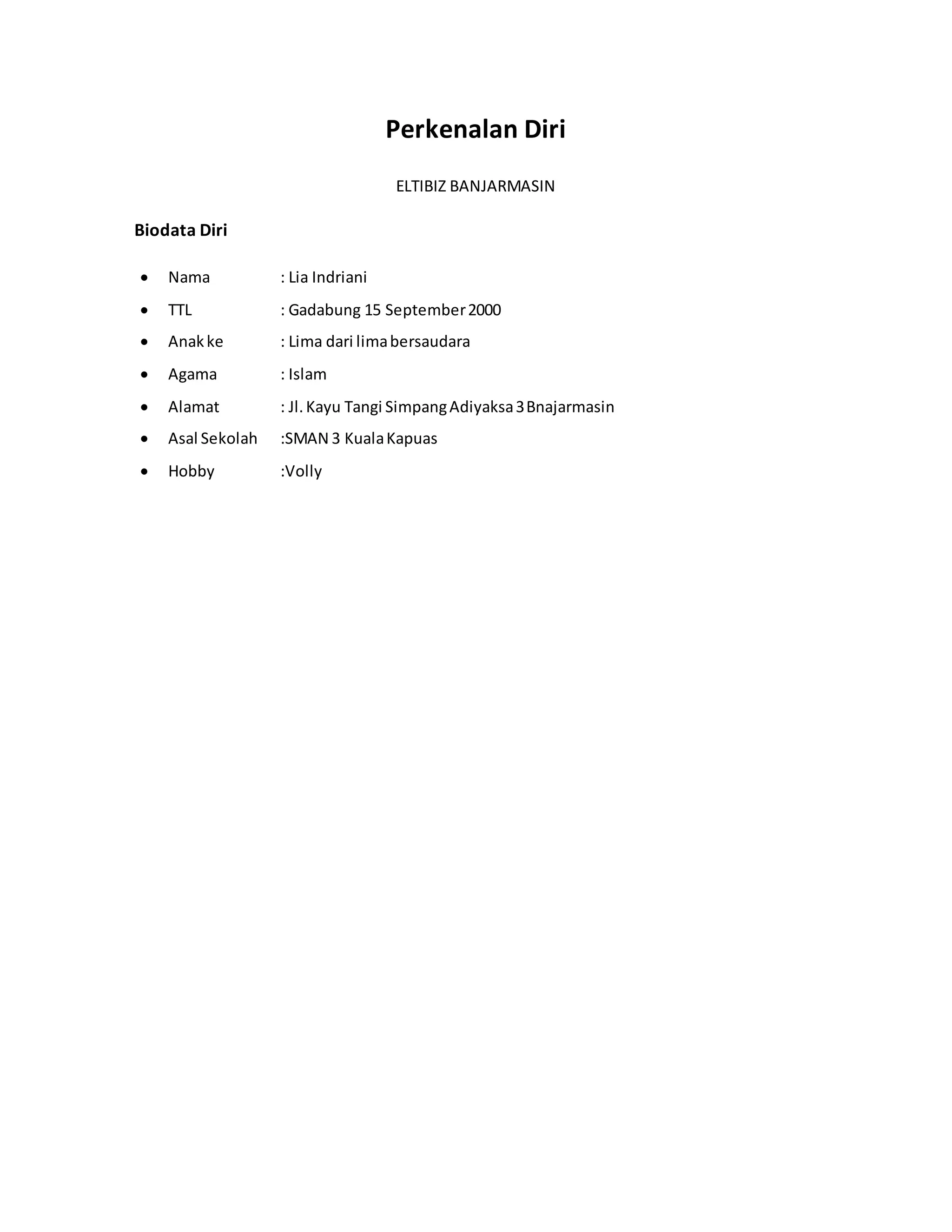 Perkenalan Diri dan Biodata Diri Lia Indriani | DOCX