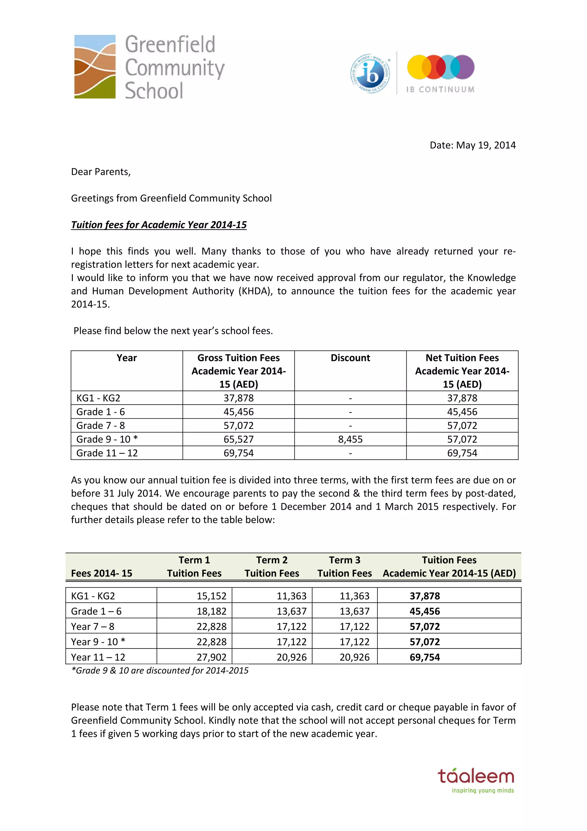 Tuition Fees for SY 2014-15 - Greenfield Community School | PDF