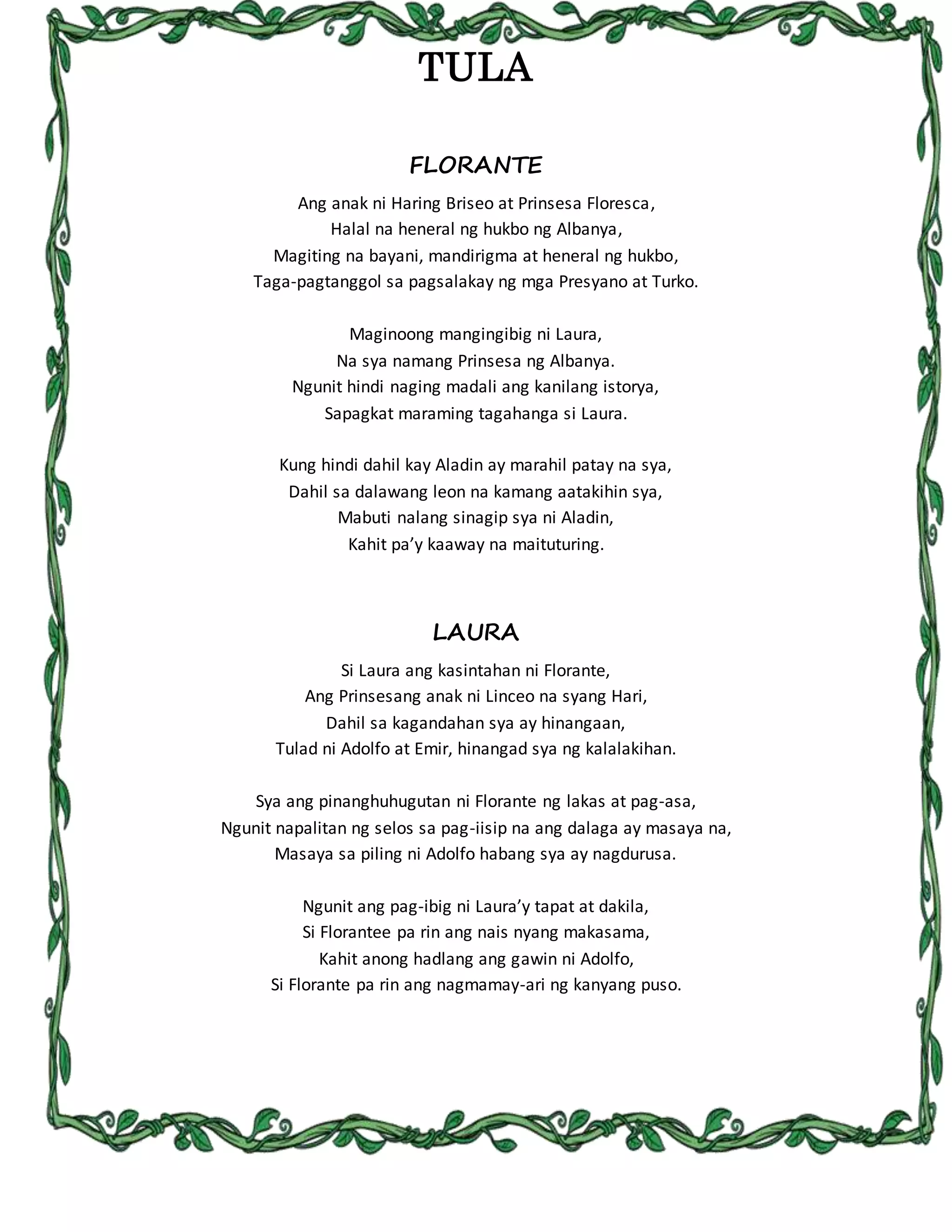Tula - Mga Tauhan sa Florante at Laura | DOCX Tula - Mga Tauhan sa Florante at Laura | DOCX