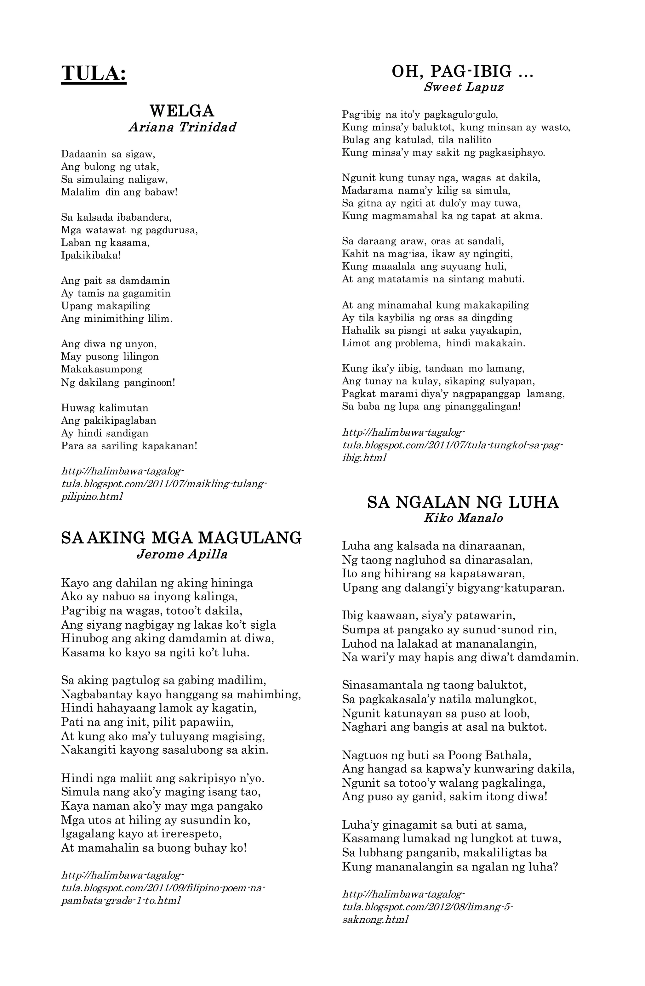 Tula, talumpati, maikling kwento, pabula, sanaysay | DOCX
