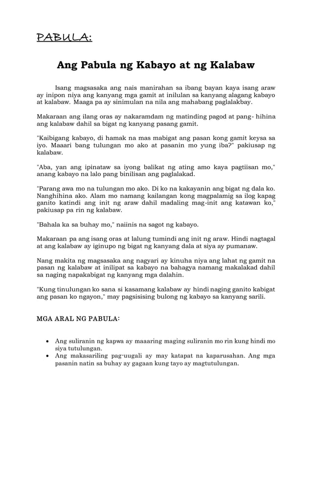 Tula, talumpati, maikling kwento, pabula, sanaysay