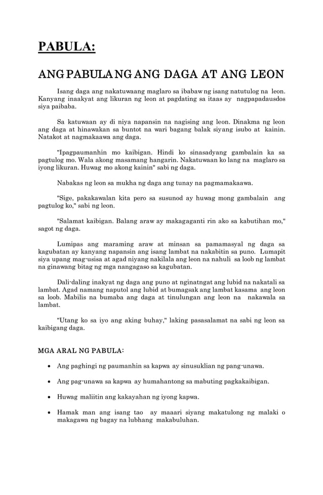 Tula Talumpati Maikling Kwento Pabula Sanaysay