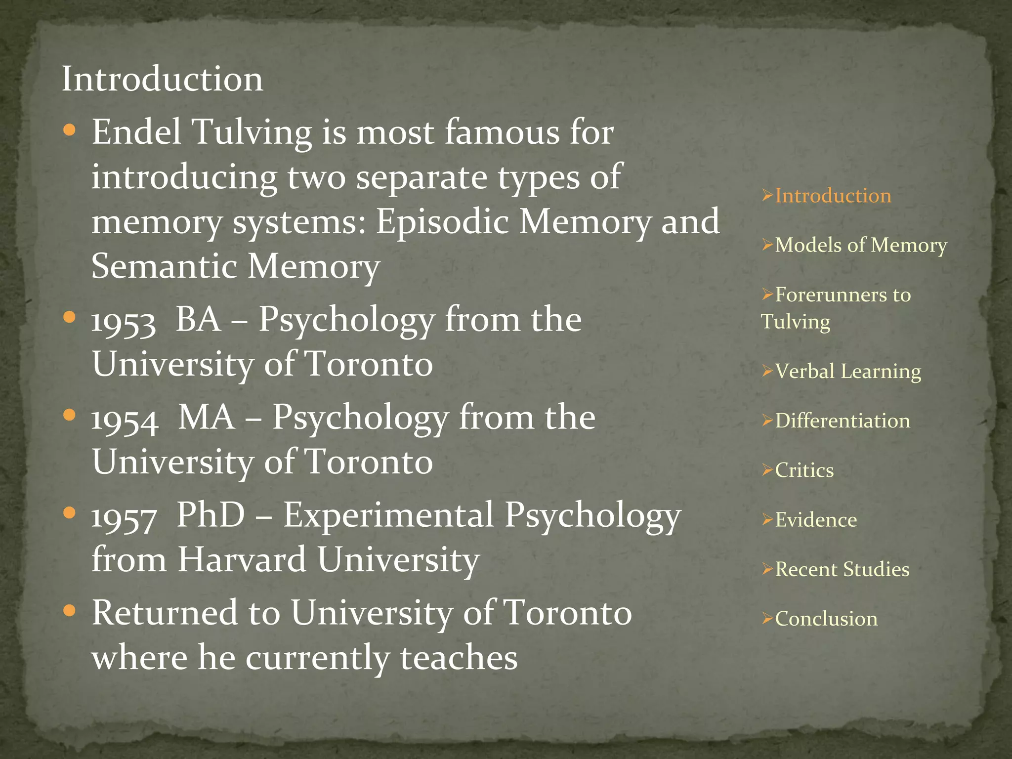Tulving episodic semantic | PPT | Science