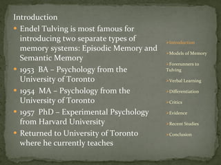 Tulving episodic semantic | PPT | Science