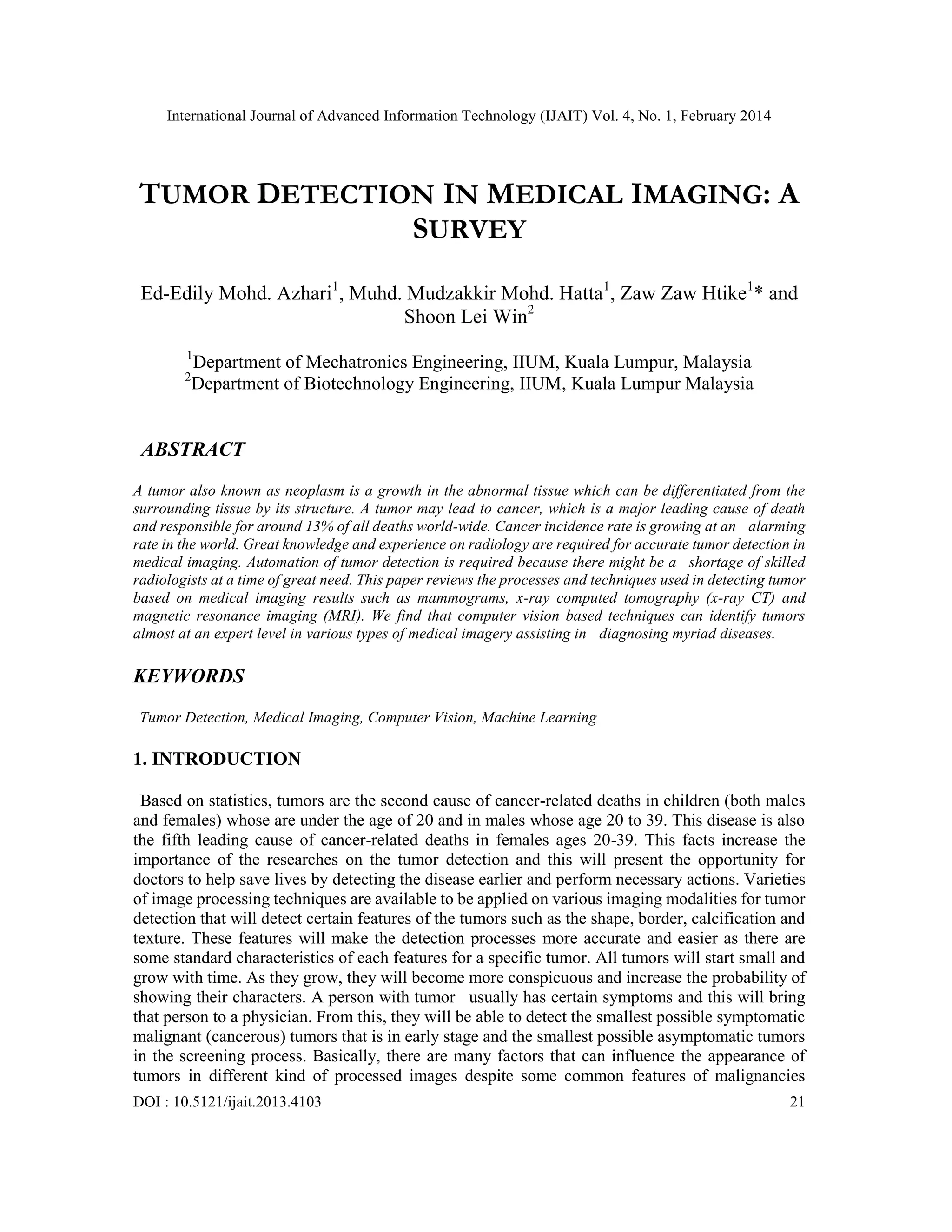 Tumor detection in medical imaging a survey | PDF