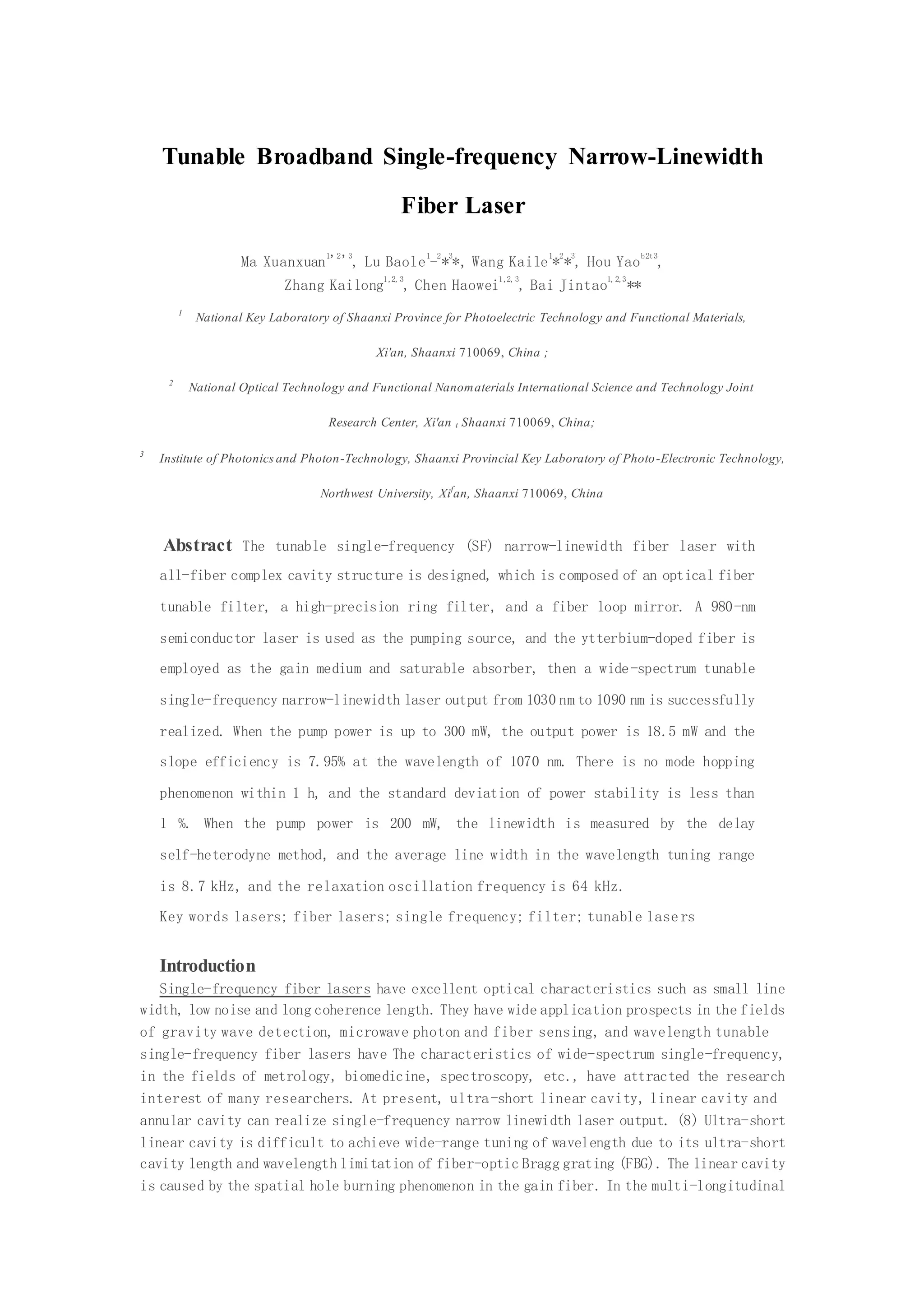 Tunable broadband single frequency narrow-linewidth fiber laser | DOCX